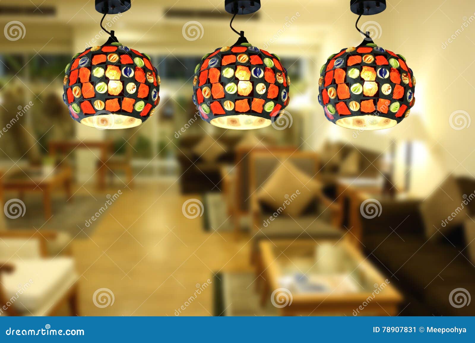 Warm Lighting Modern Ceiling Lamps in the Cafe. Stock Image - Image of ...