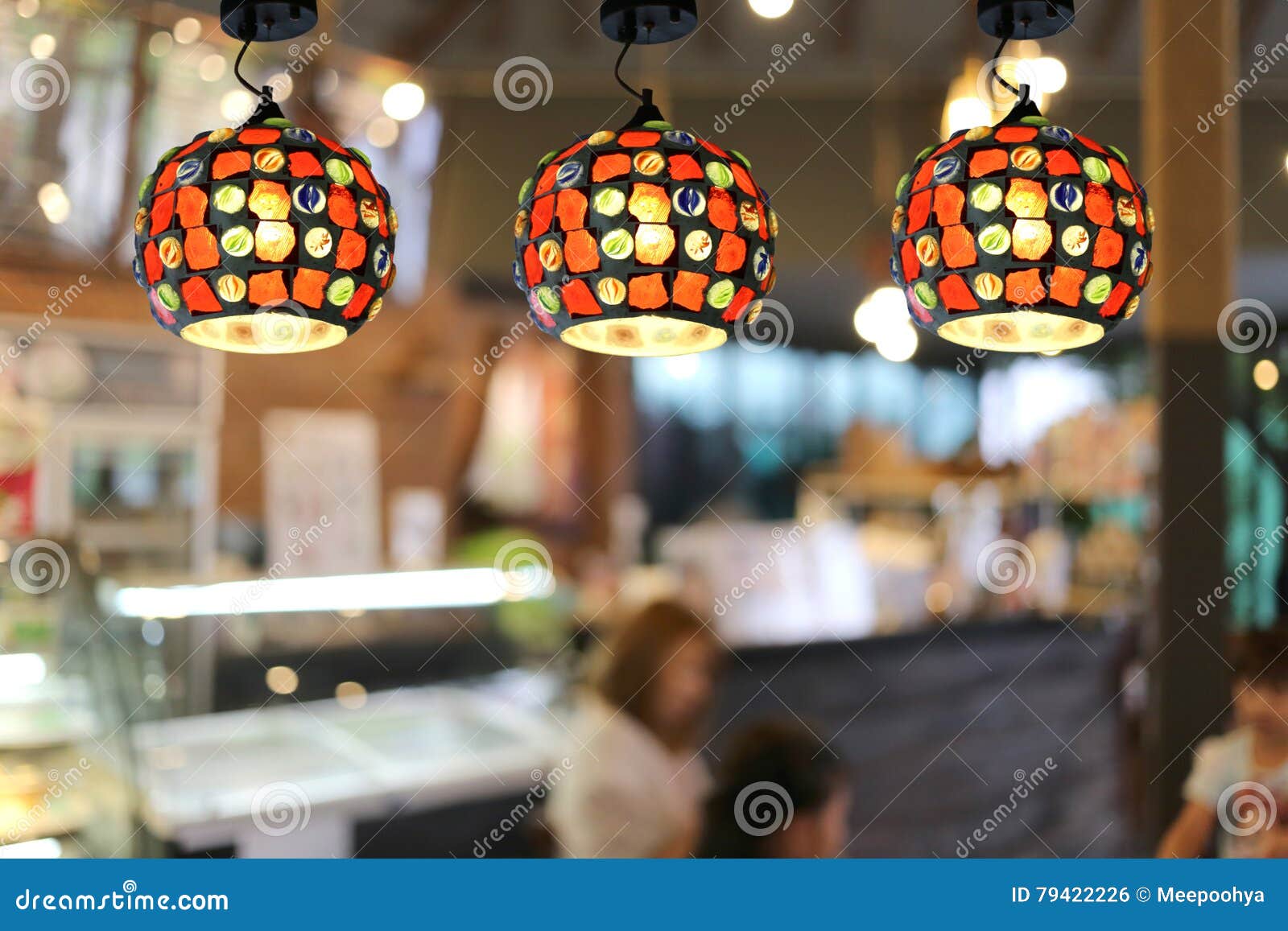 Warm Lighting Modern Ceiling Lamps in the Cafe. Stock Photo - Image of ...