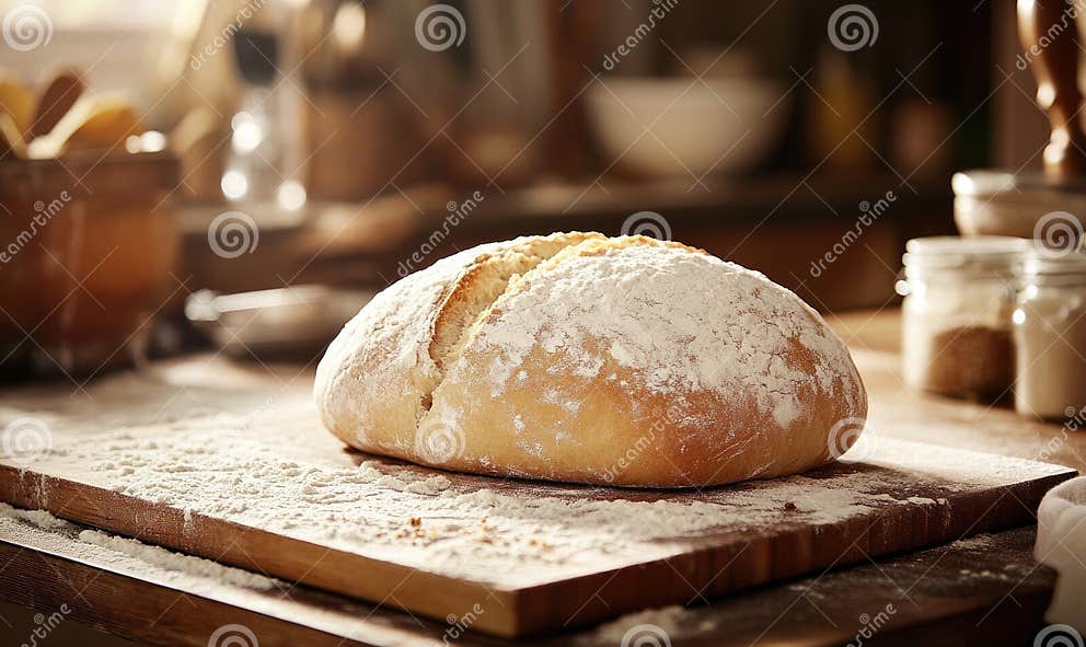 Warm Loaf of Bread on a Floured Board, Rustic Kitchen Stock Image ...