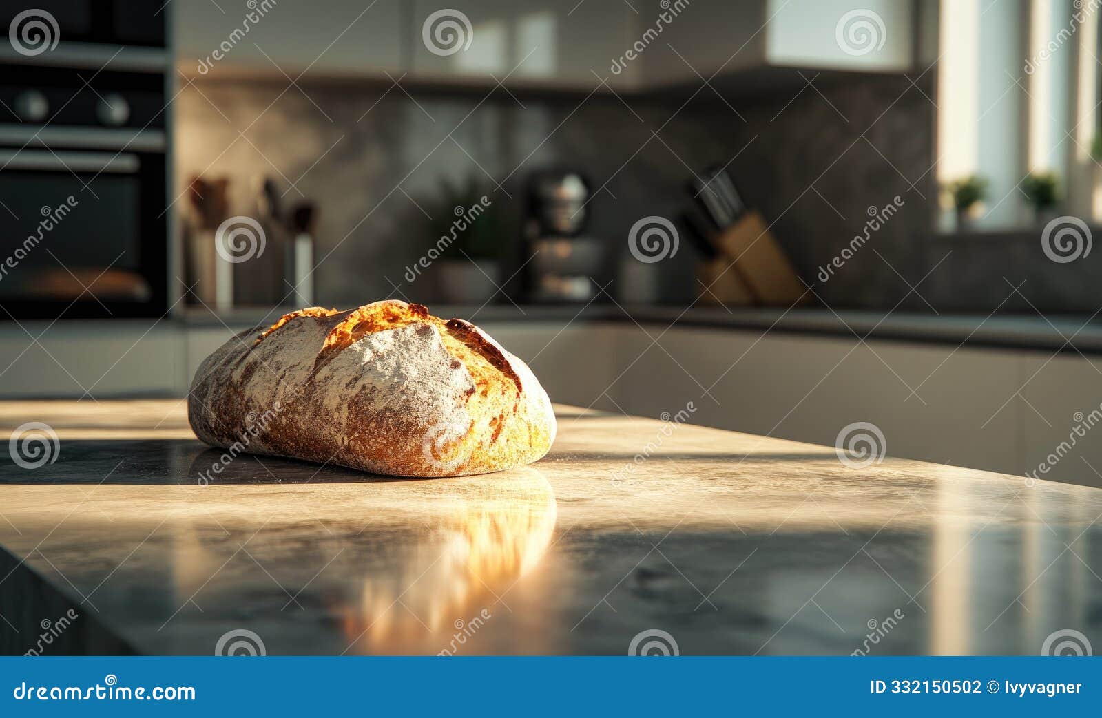Warm Loaf of Bread on a Stone Countertop, Modern Kitchen Stock Photo ...