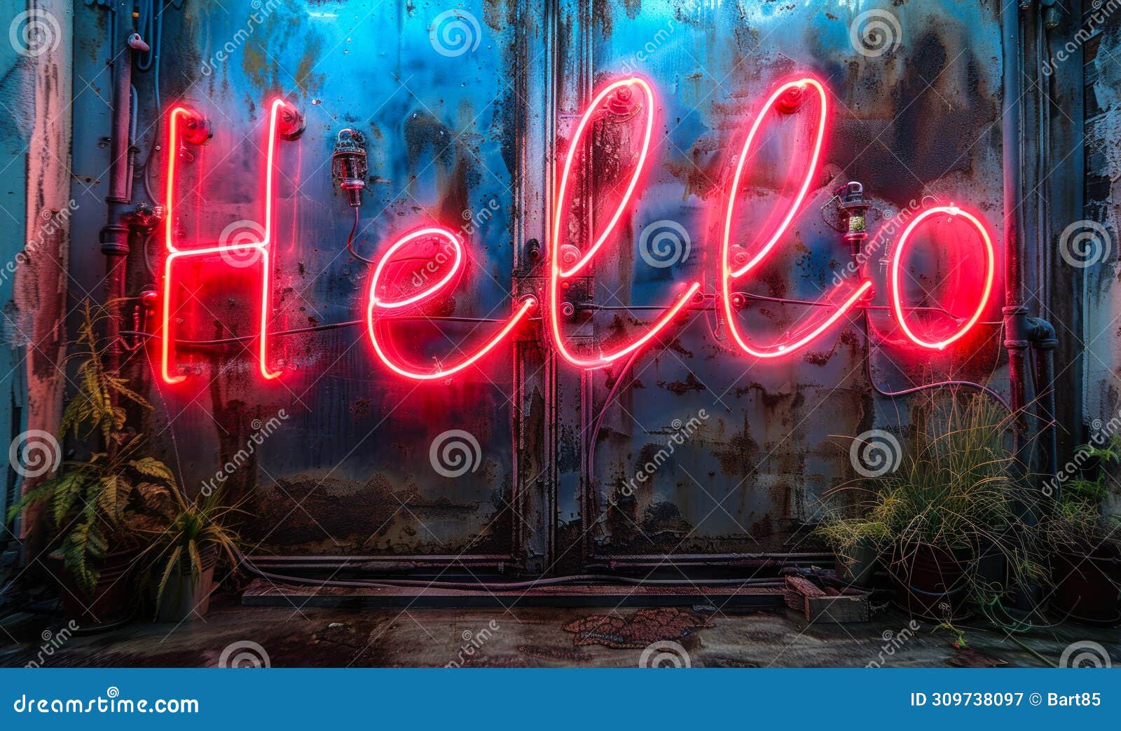 Warm Neon Hello Sign Glowing in Cursive Red Light Against a Rustic ...