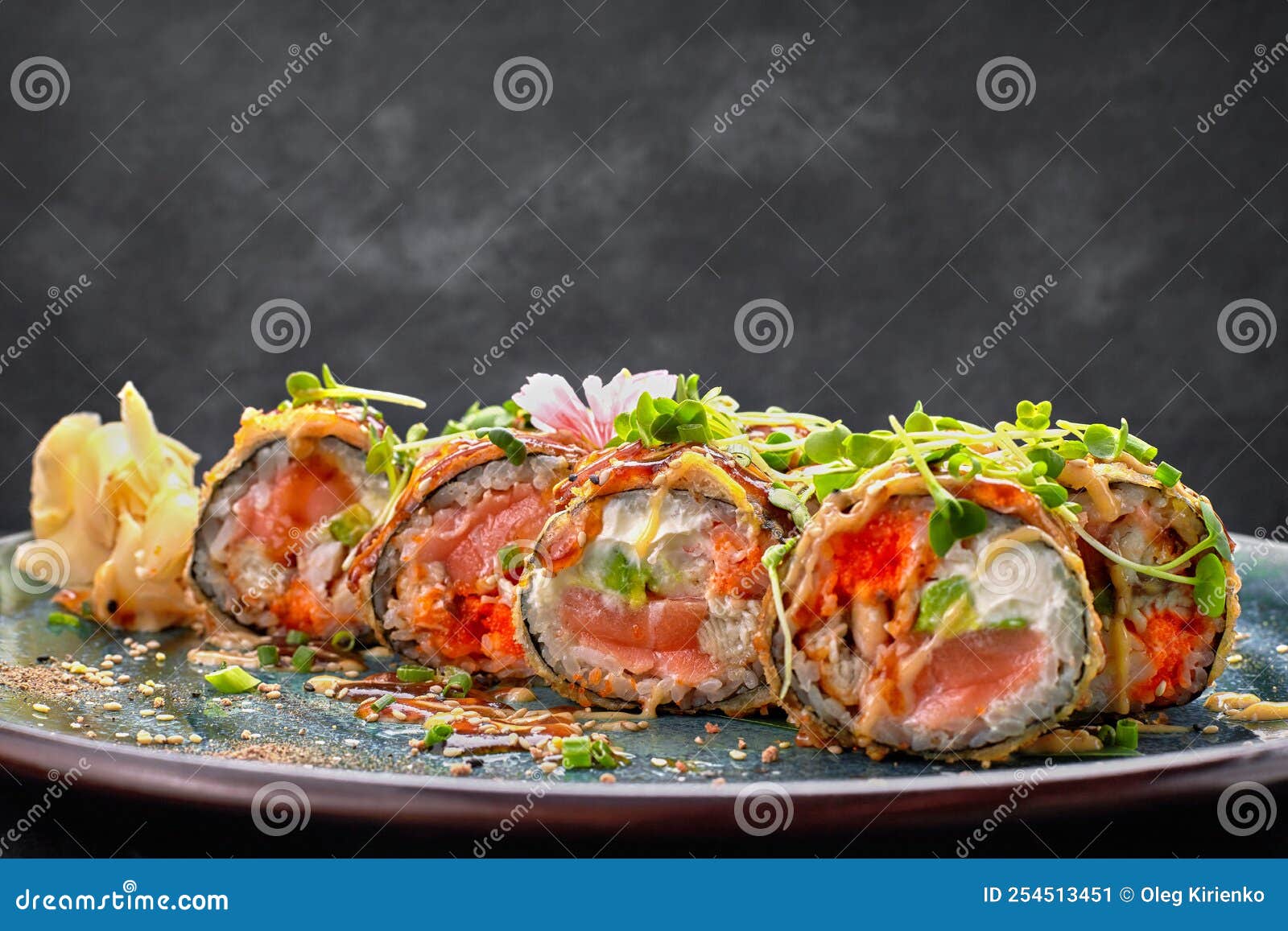 Warm Roll with Salmon, Tiger Prawn, Eel, Avocado. Selective Focus Stock ...