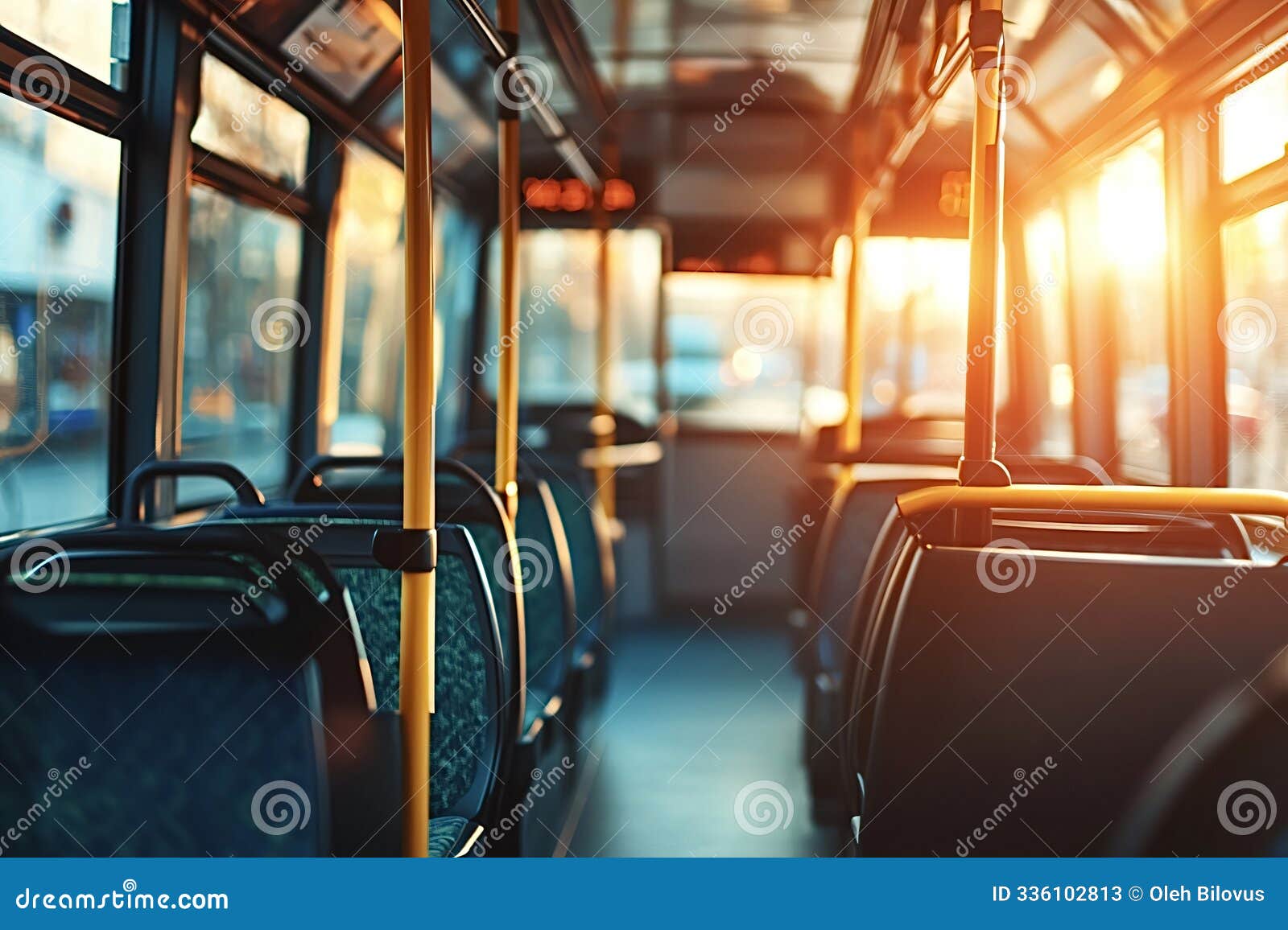 Empty Bus Interior with Sunset Shining through Windows Stock Image ...