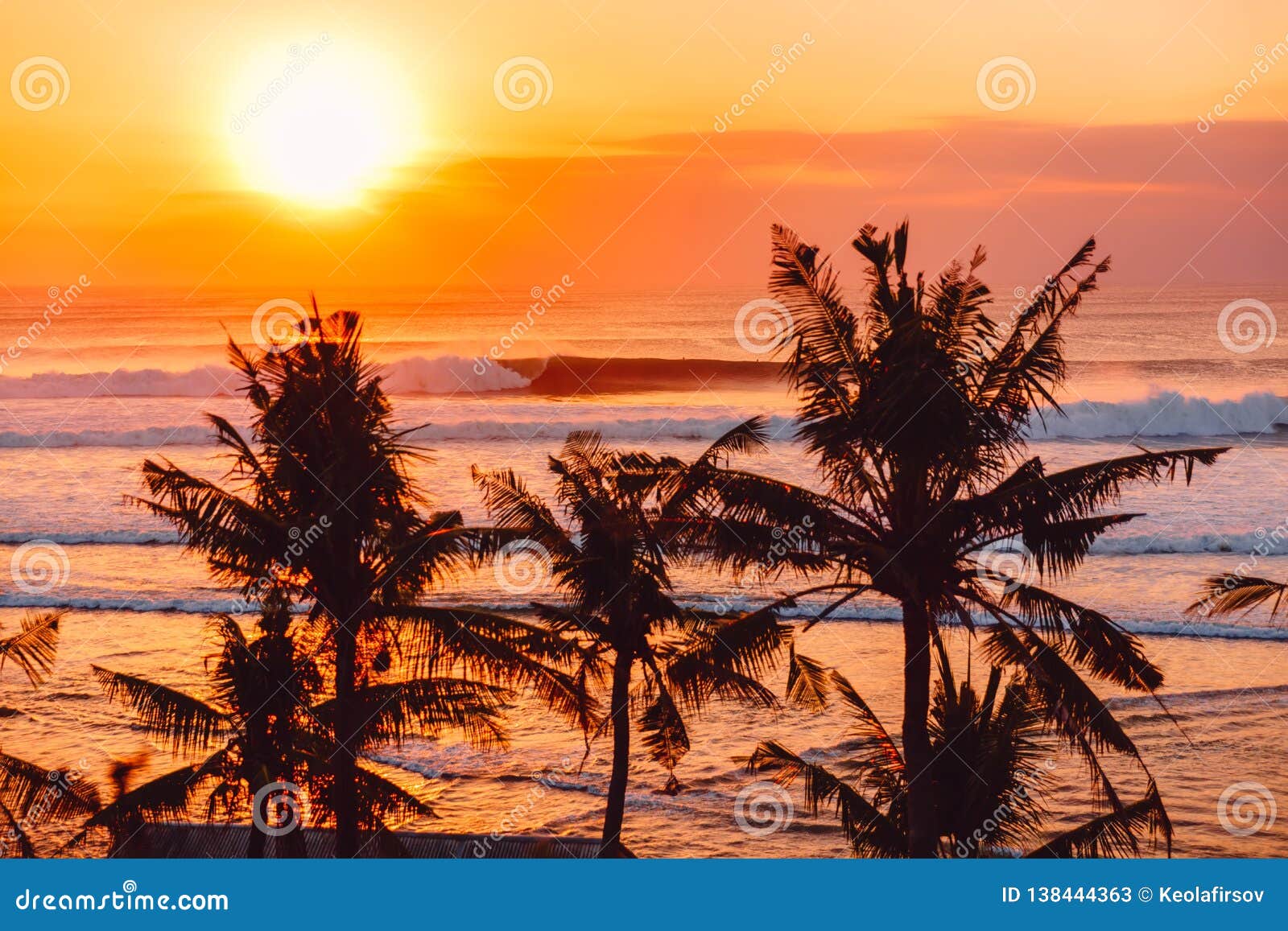 Warm Sunset with Big Ocean Waves and Coconut Palm Stock Image - Image ...