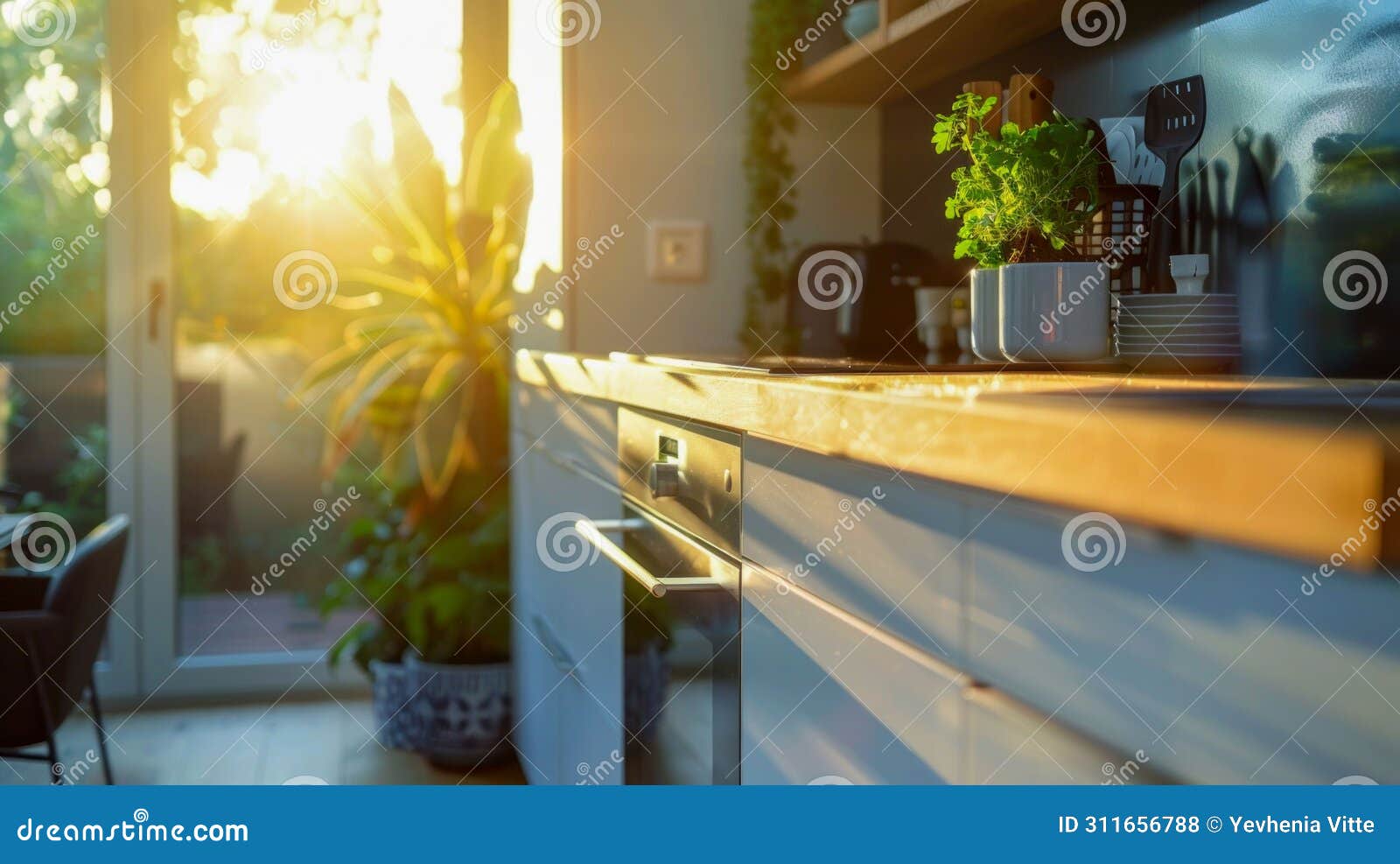 Warm Sunset Light in a Cozy Kitchen Interior. Generative Ai Stock ...