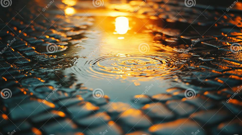 Warm Sunset Light Reflecting in a Wet Cobblestone Puddle Stock ...