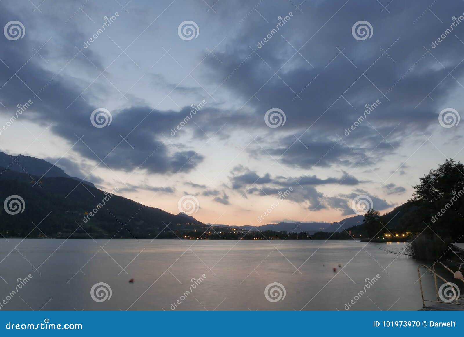 Warm Sunset Over Dark Mountain Lake Stock Photo - Image of mountains ...