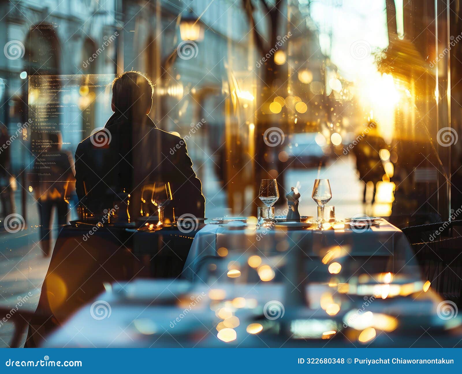 ?Business Man with Warm Sunset Reflection in a City Restaurant Window ...
