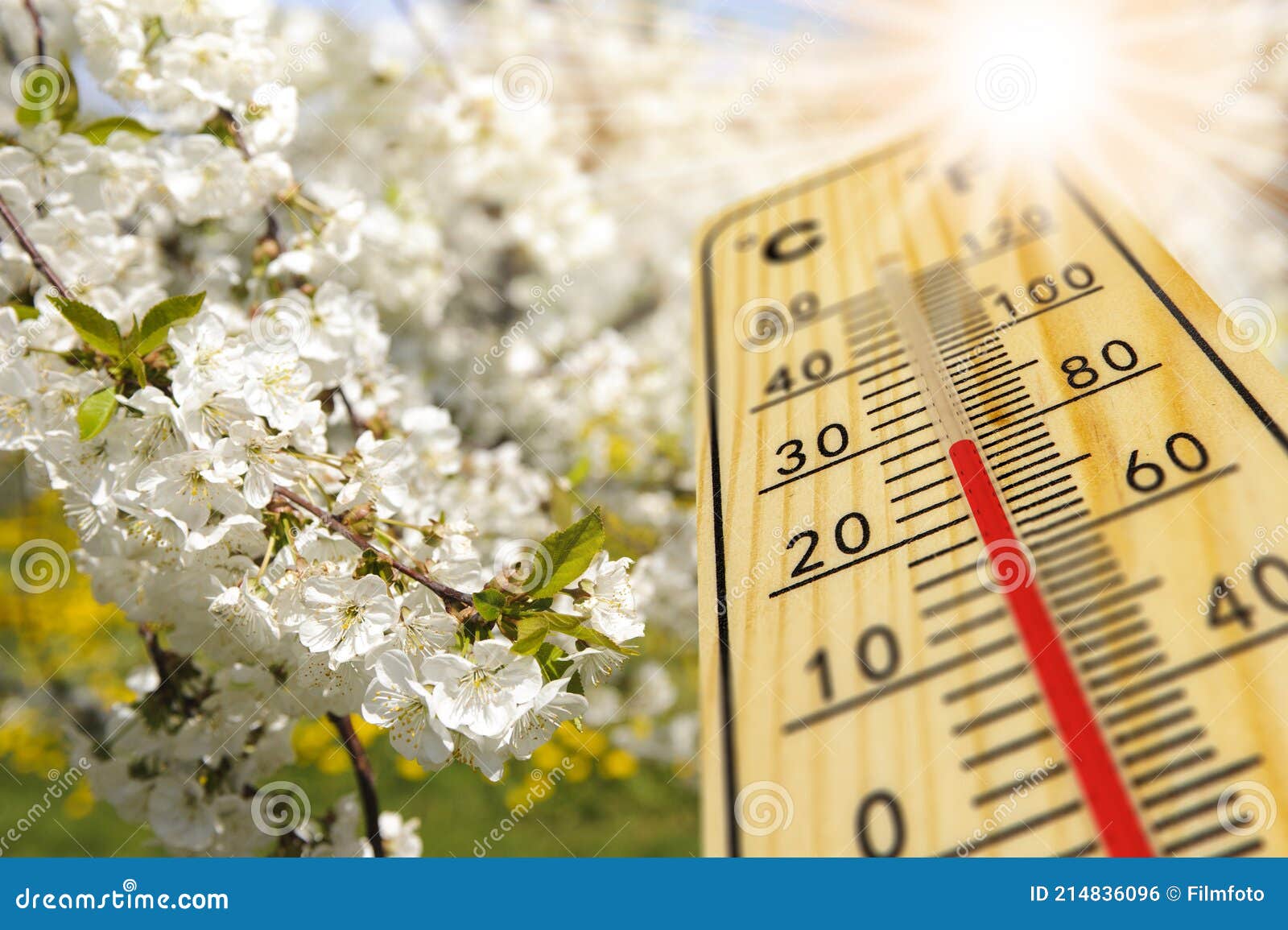 Warm Temperature on Thermometer at Springtime Stock Photo - Image of ...