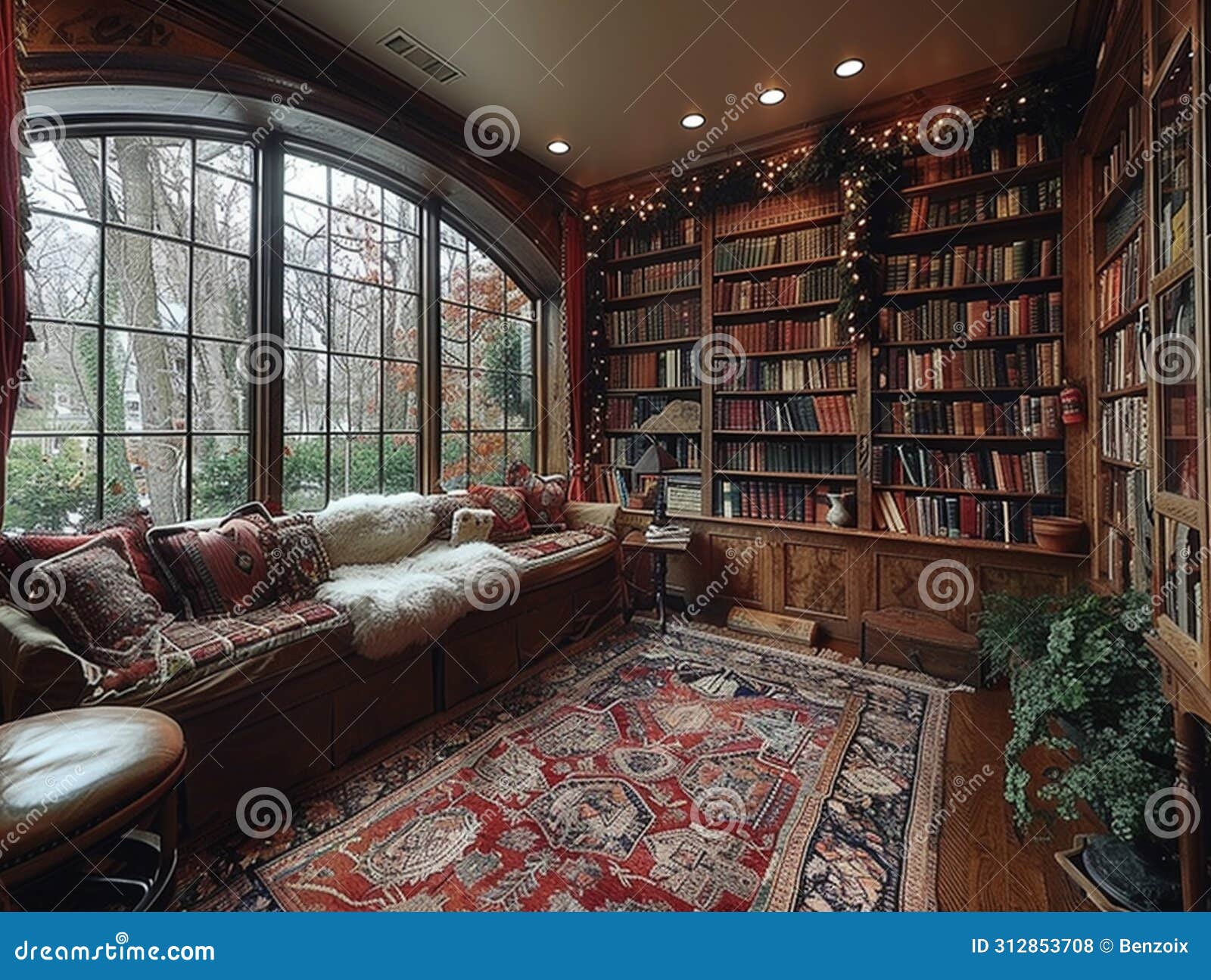 Warm-toned Library with Built-in Bookshelves and a Cozy Reading Nook ...