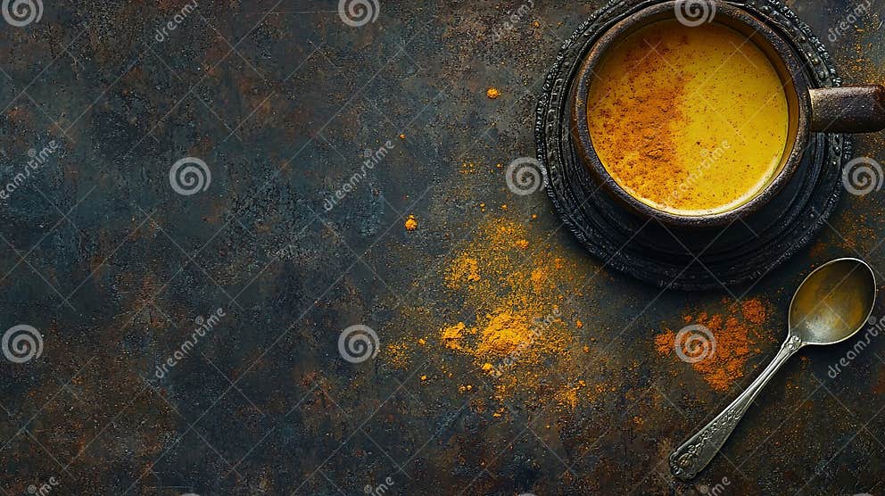 Warm Turmeric Latte in Rustic Cup with Spoon on Dark Rustic Table Stock ...