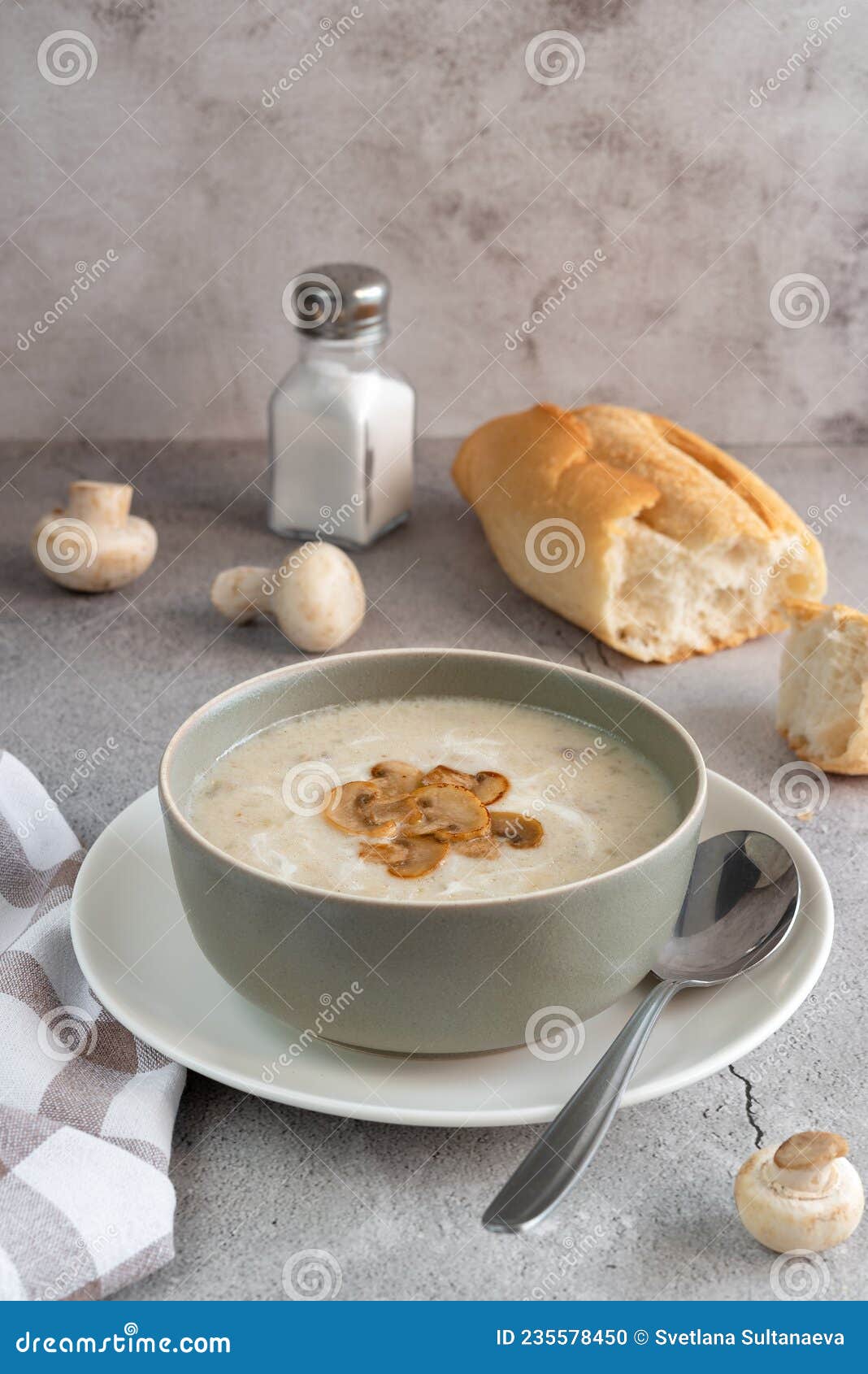 Warming Champignon Soup with White Bread on the Table Stock Photo ...