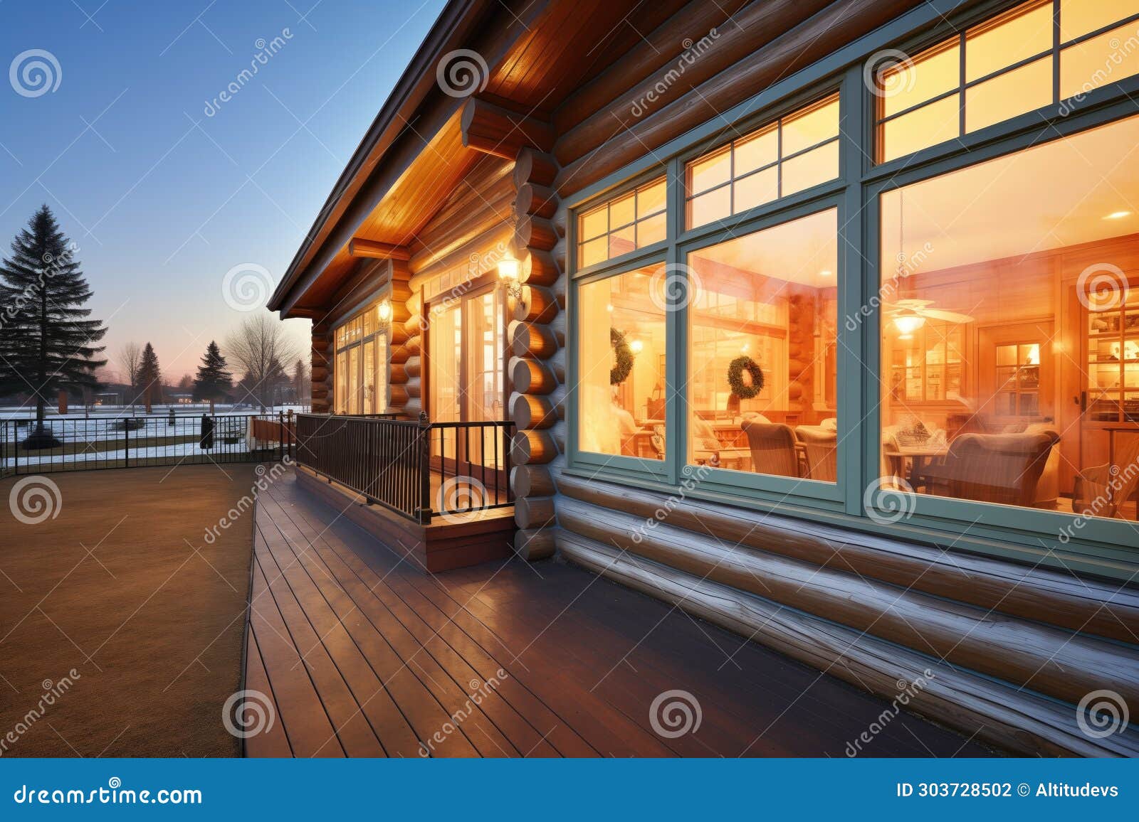 Warmly Lit Log Cabin Windows at Dusk Stock Photo - Image of warm ...
