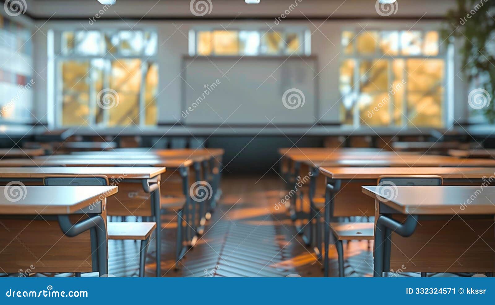 Warmly Lit, Neat And Organized Classroom With Empty Desks And Chairs ...