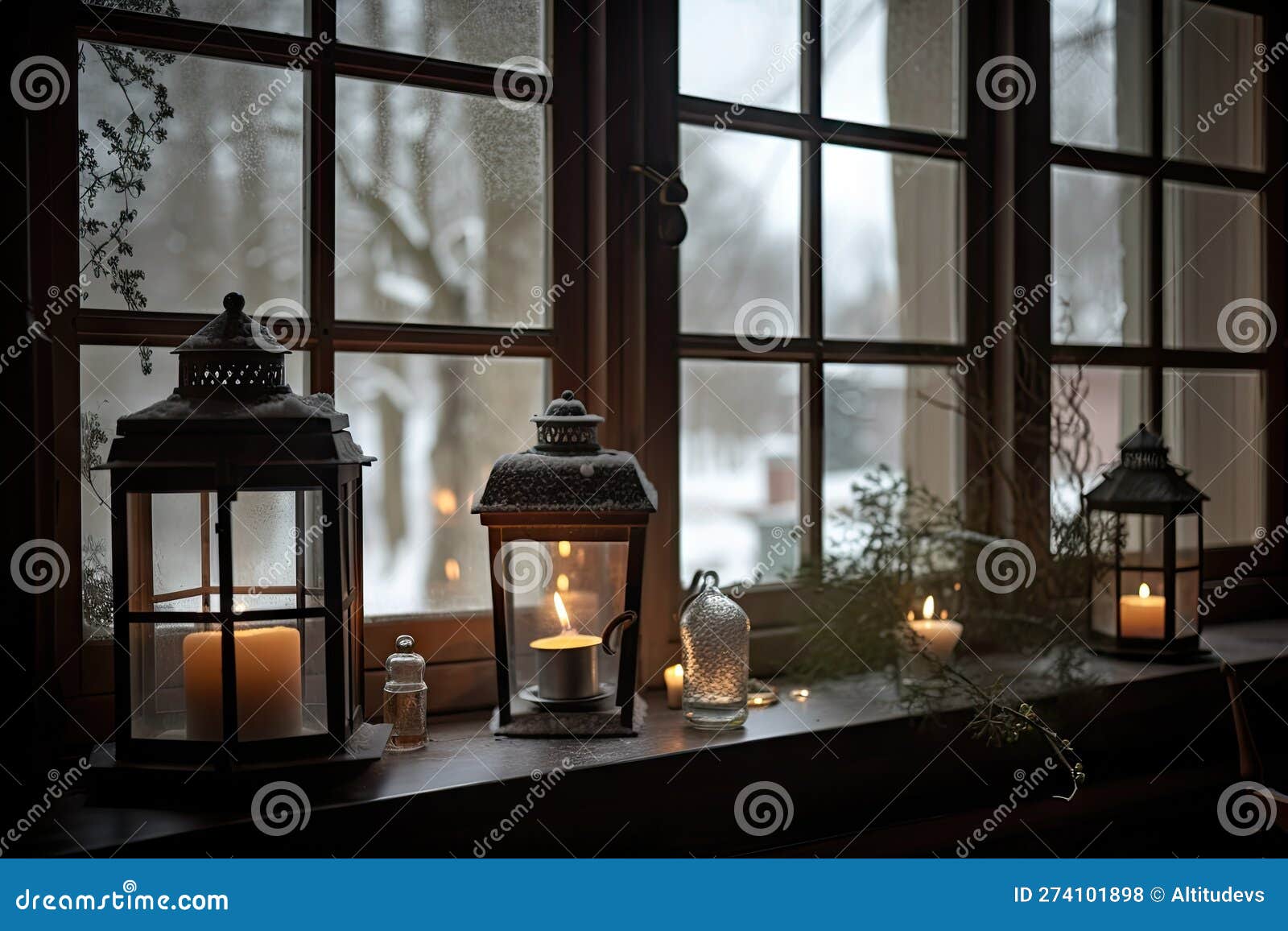 Warmly-lit Window with Lanterns in Winter Setting Stock Photo - Image ...