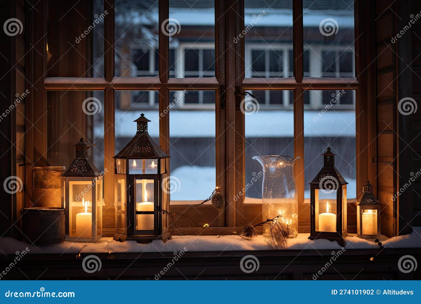 Warmly-lit Window with Lanterns in Winter Setting Stock Photo - Image ...