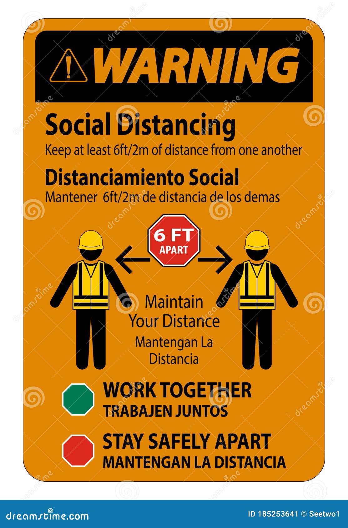 Warning Bilingual Social Distancing Construction Sign Isolate on White ...