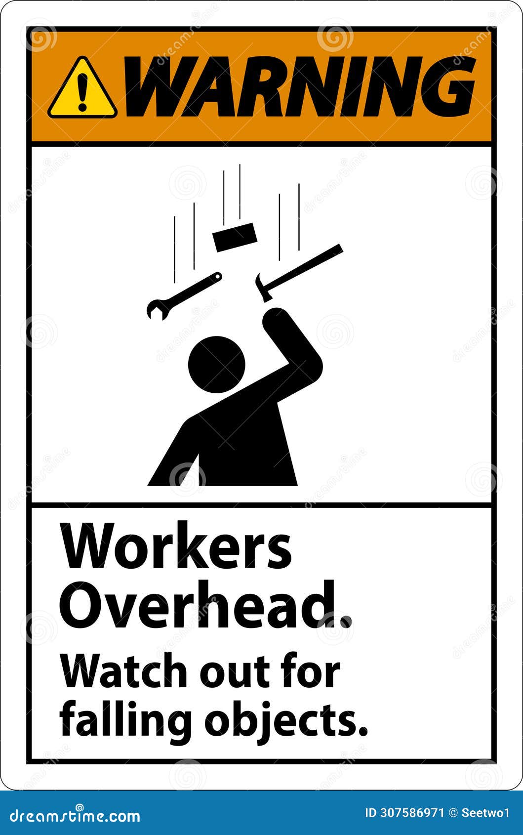 Warning Falling Debris Sign, Workers Overhead Falling Objects Stock ...