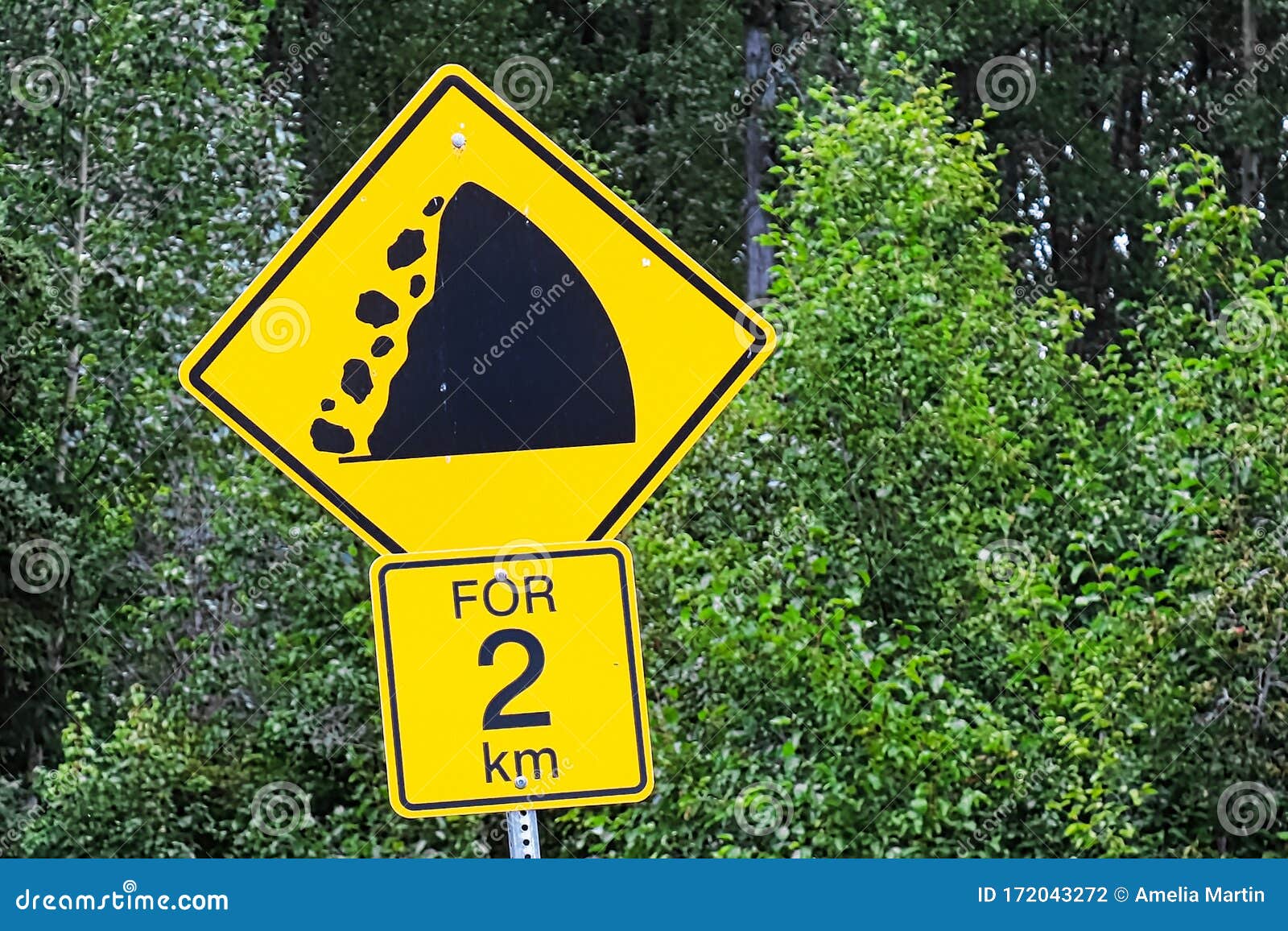 A Warning Falling Rocks for Two Km Sign Stock Photo - Image of hills ...