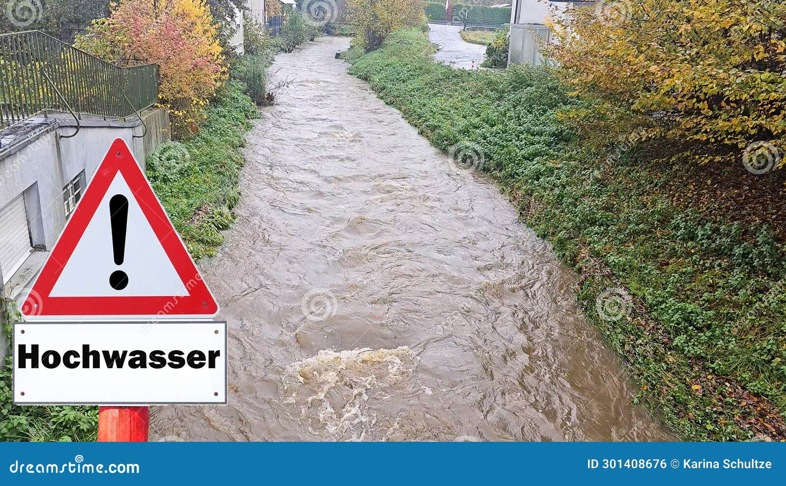 Warning Flood Sign on a Stream Stock Photo - Image of board, water ...