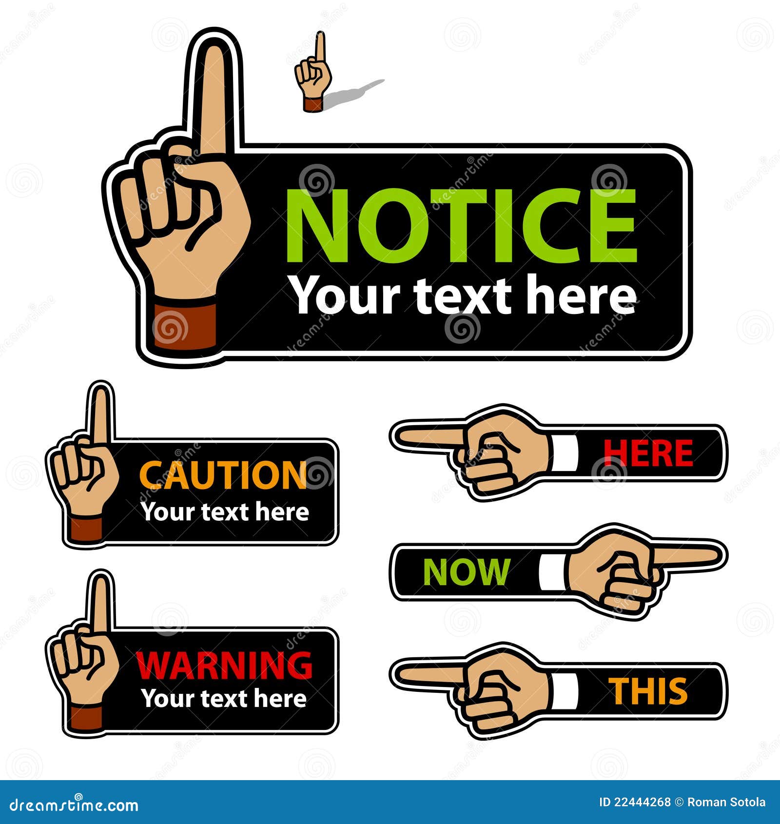 Warning Forefinger And Pointing Hand Labels Vector Illustration ...
