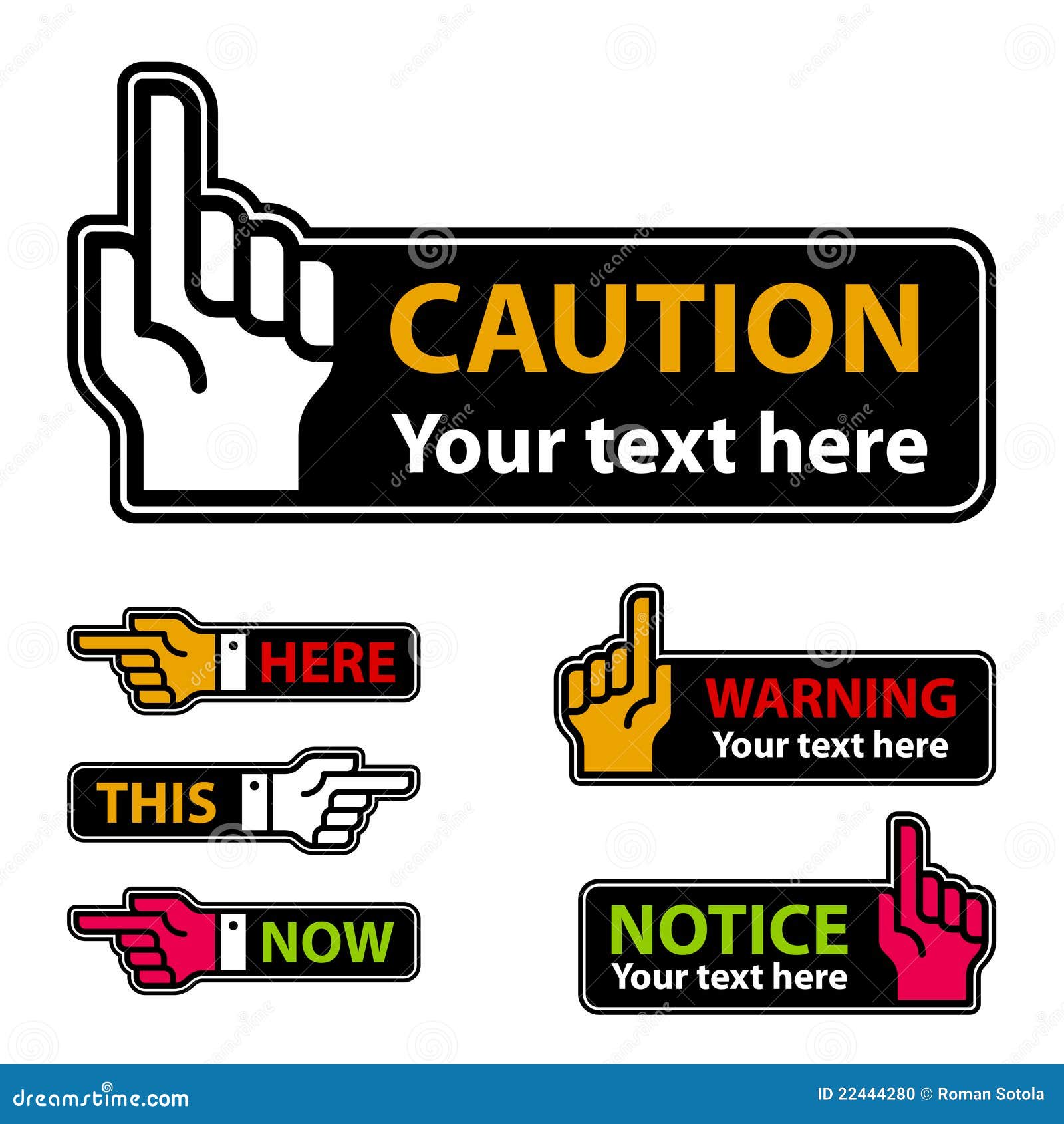 Warning Forefinger and Pointing Hand Labels Stock Vector - Illustration ...