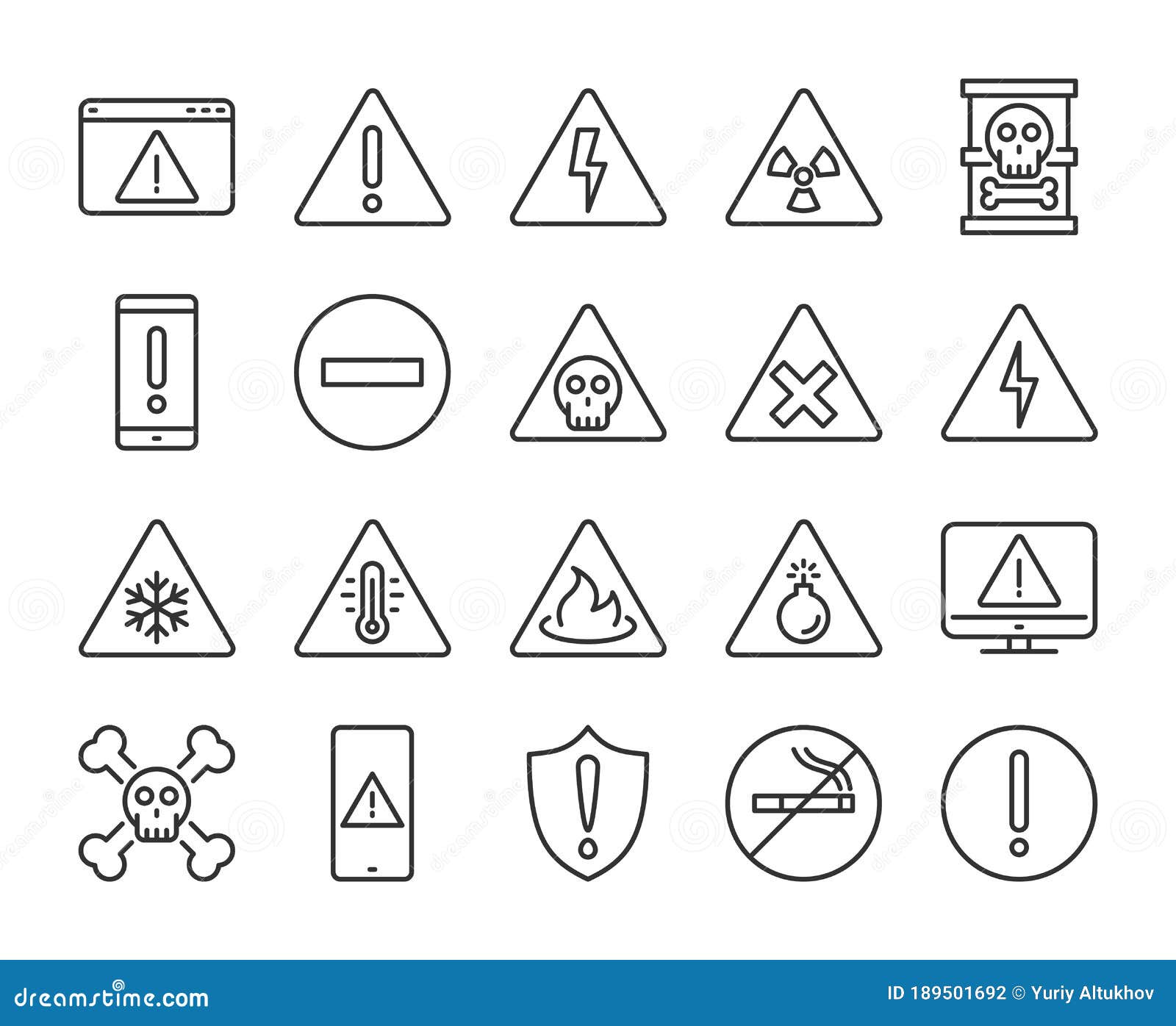 Warnings Line Icons. Risk Attention, Caution Sign And Exclamation Mark ...