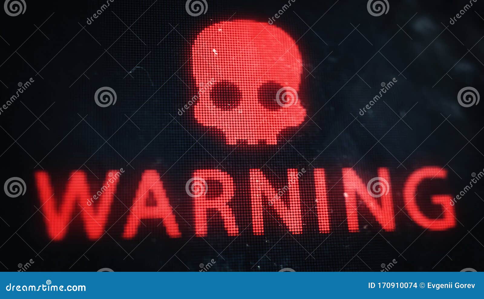 Warning Pixel Message. Red Text and Warning Skull on Old Dusty Screen ...