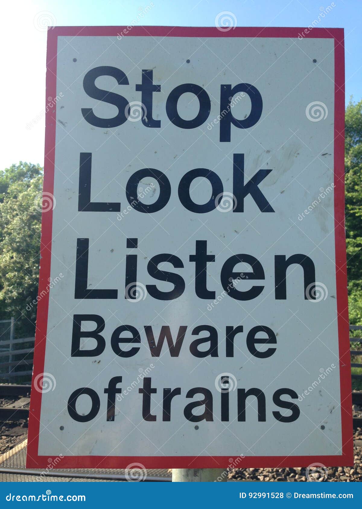 Warning sign stock photo. Image of track, road, white - 92991528