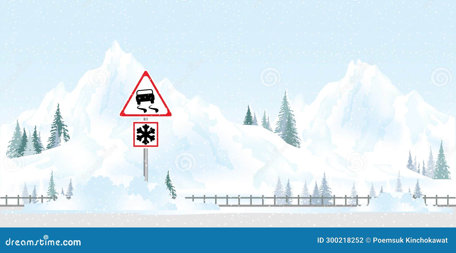 Warning Sign Driving in Winter. Road Sign Warns of Ice and Snow at ...