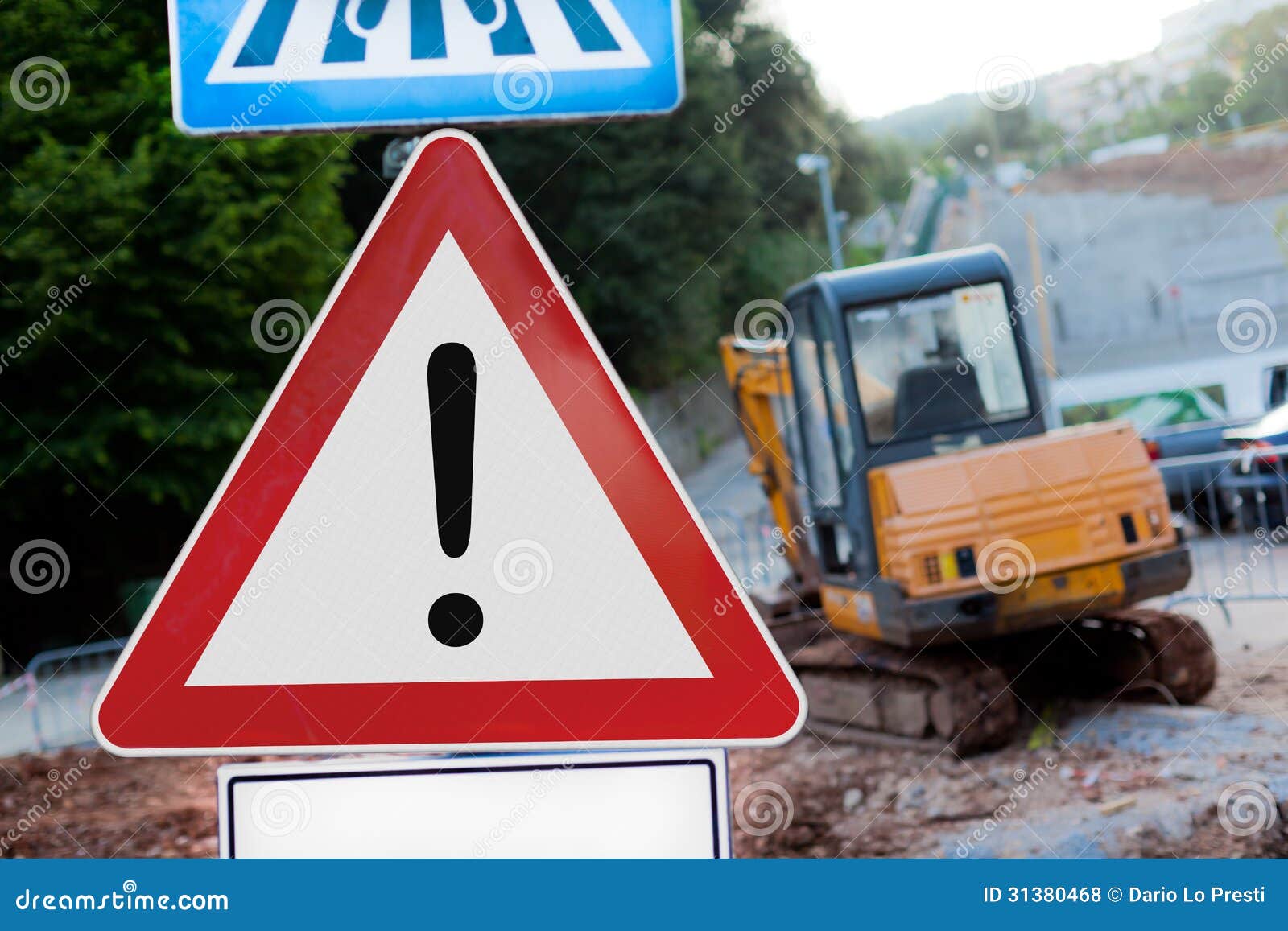 Warning Sign and Excavator stock photo. Image of bulldozer - 31380468