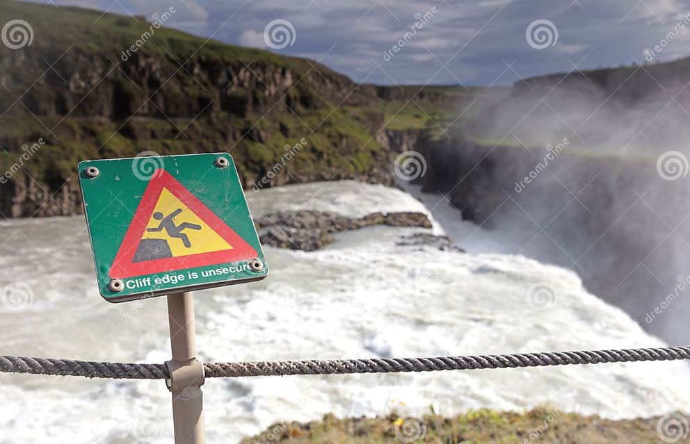Warning Sign at Gullfoss Waterfall in Iceland Stock Photo - Image of ...