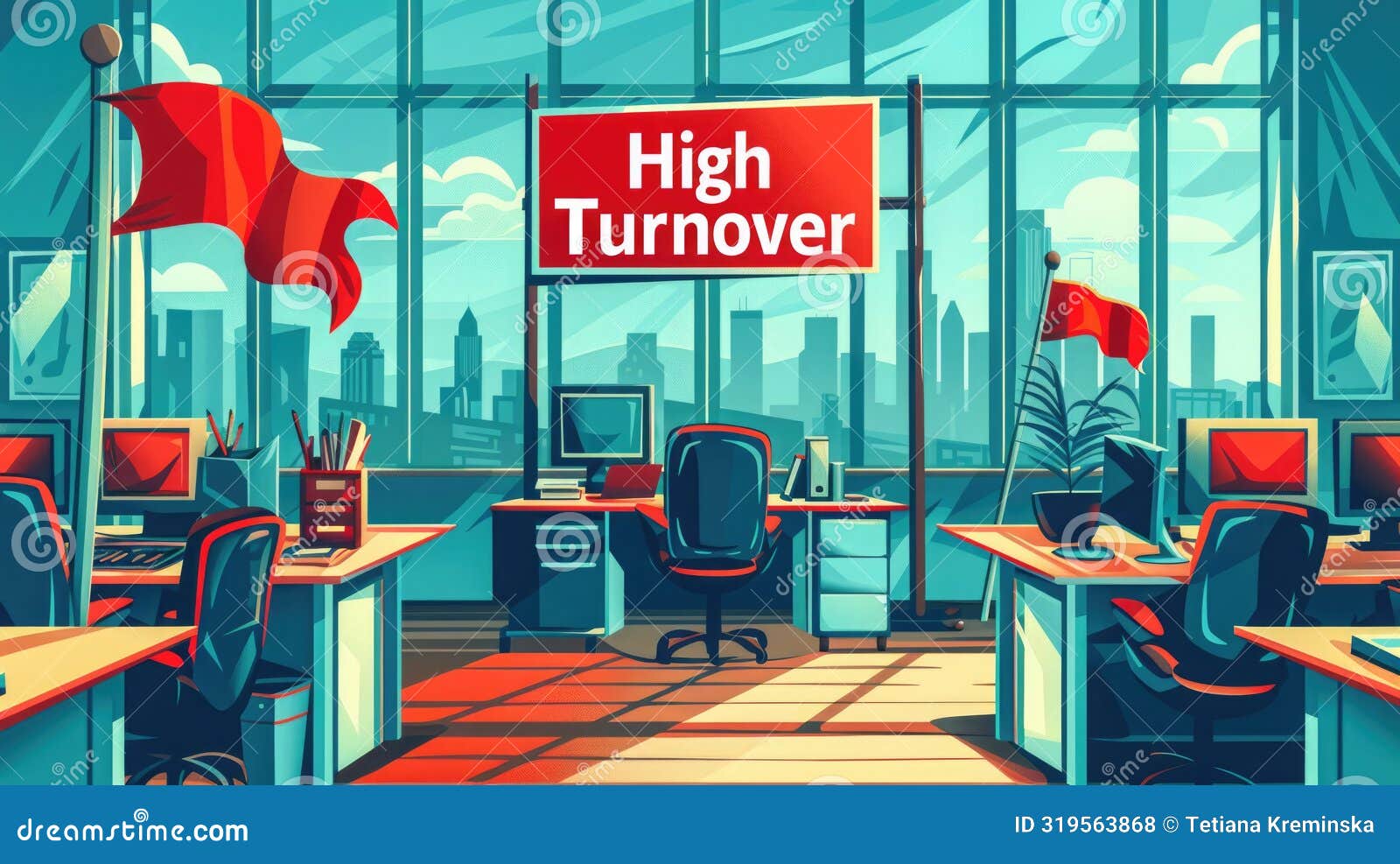 Warning Sign with "High Turnover" Text and Red Flag in Office ...