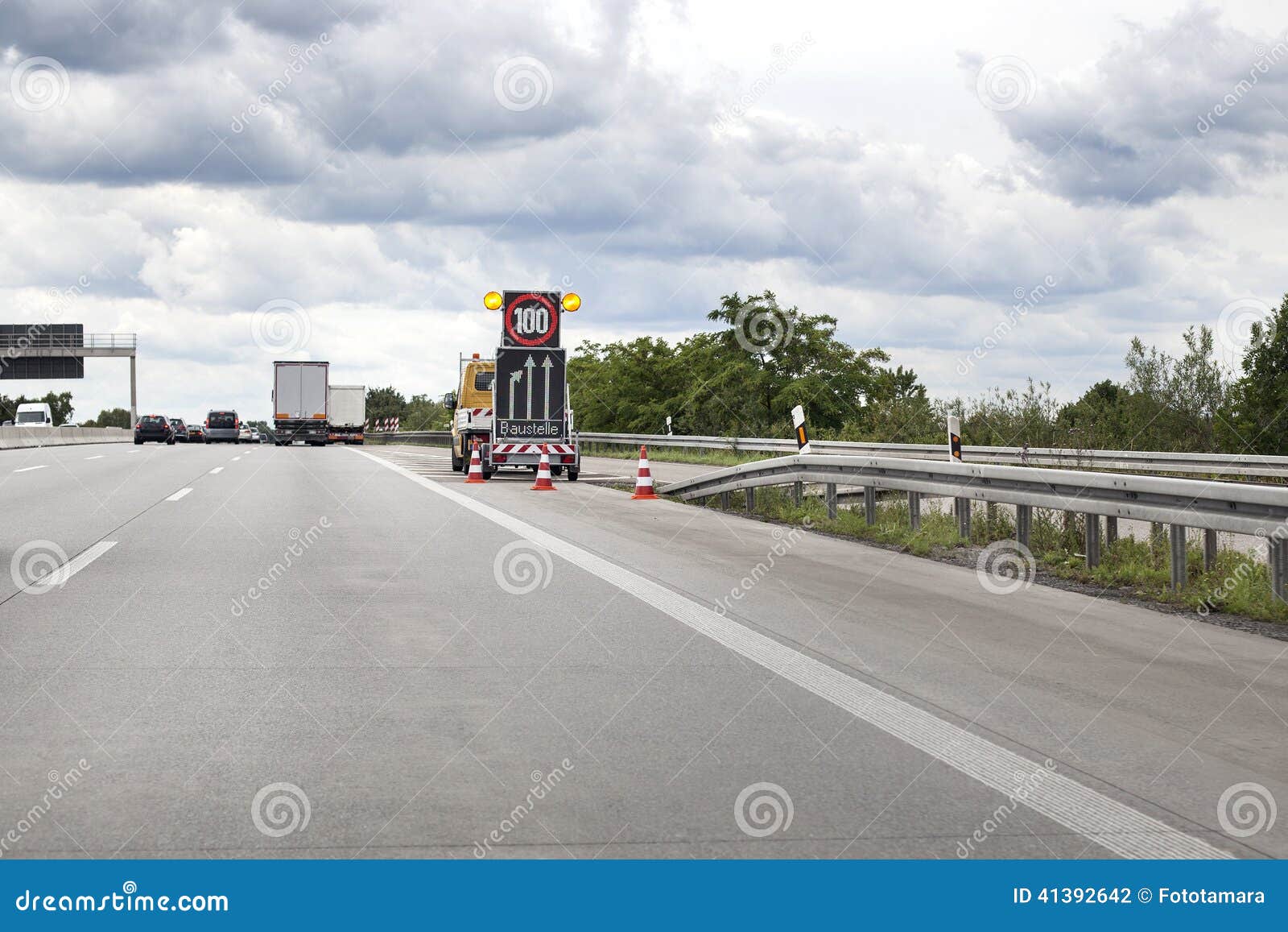 Warning sign on highway stock photo. Image of autobahn - 41392642