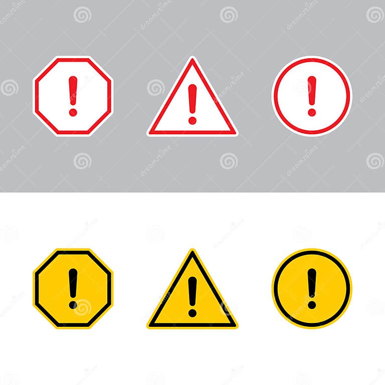 Warning Sign Icon Set in Flat Design. Danger Caution Symbol Stock ...