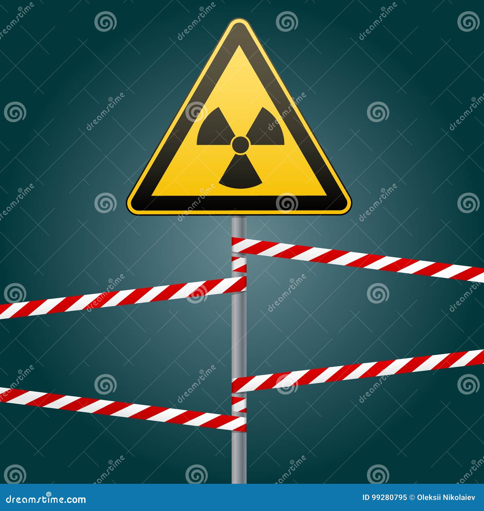 Warning Sign on a Pole and Warning Bands. Sign of Radiation Hazards ...