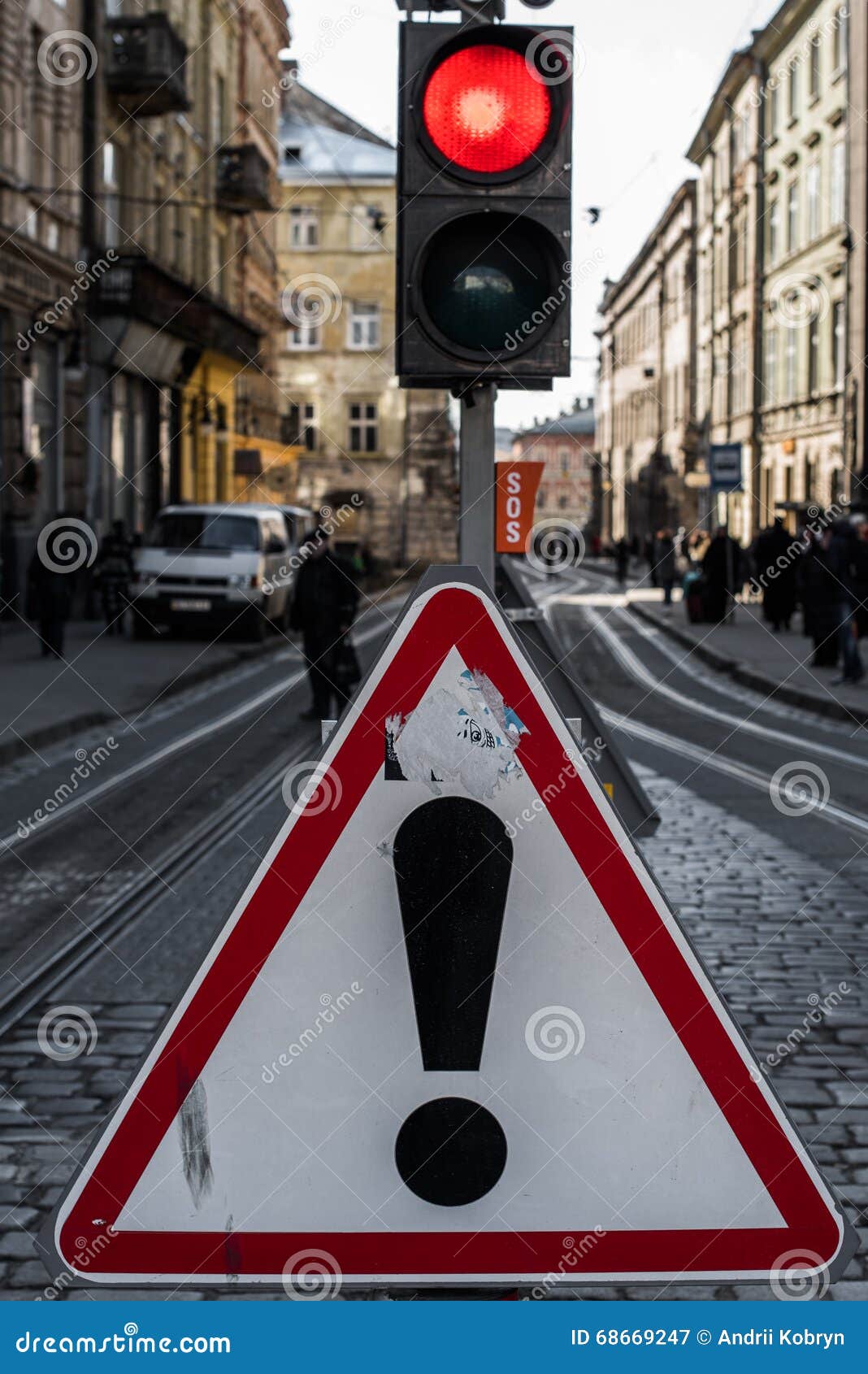 Warning Sign on the Road. Red Traffic Light Stock Image - Image of ...