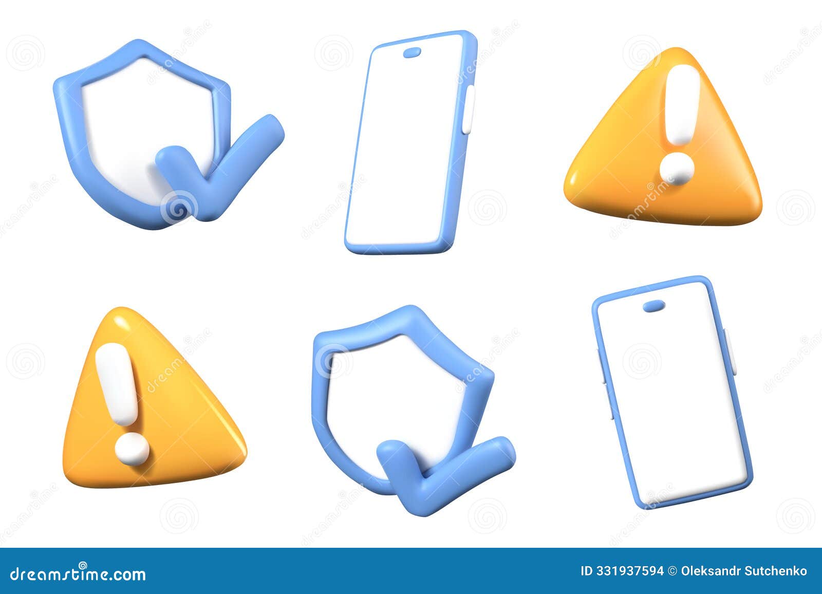 Warning Sign, Smartphone with Blank Screen, Shield with Check Mark ...