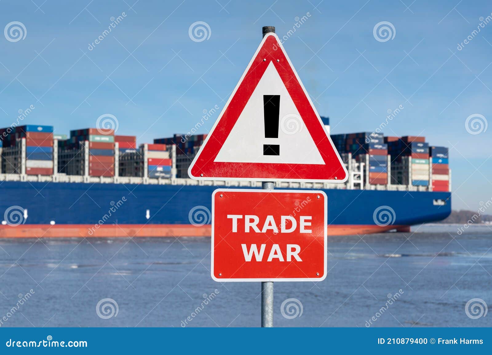 Warning Sign with the Text `Trade War` in Front of a Huge Container ...