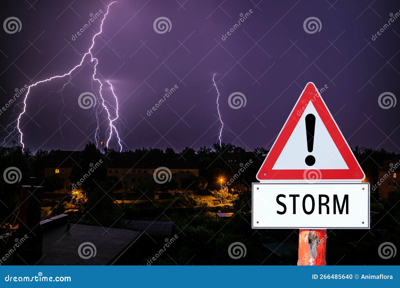 Warning Sign Thunderstorm with Lightning Over a City Stock Photo ...