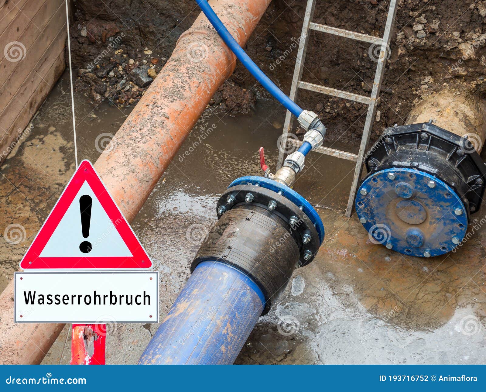 Warning Sign Water Pipe Break Stock Photo - Image of puddle ...