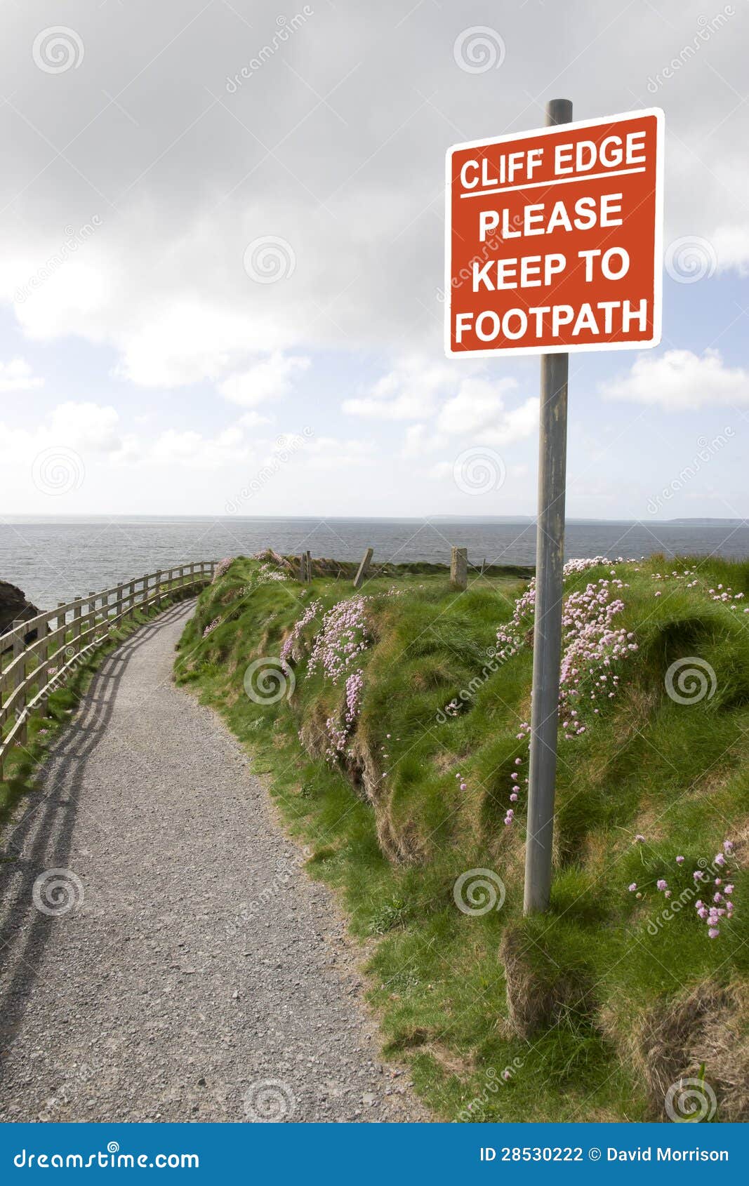 Warning Sign among Wild Flowers Along a Cliff Path Stock Photo - Image ...