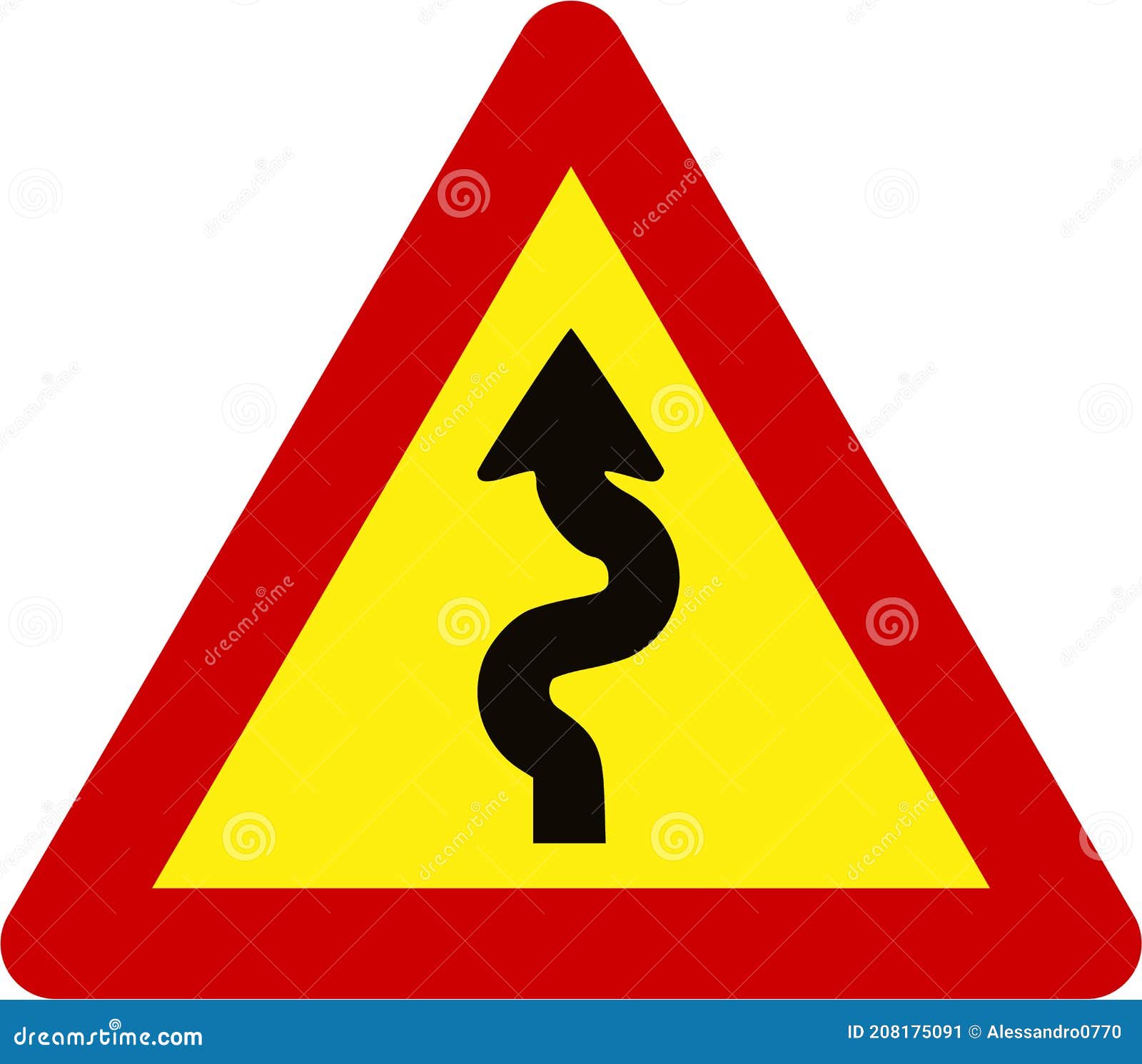 Warning Sign with Winding Road Stock Illustration - Illustration of ...