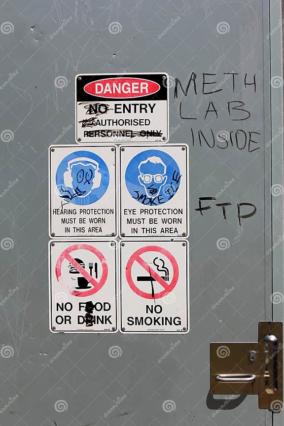 Warning Signs with Graffiti Stock Image - Image of label, employee ...