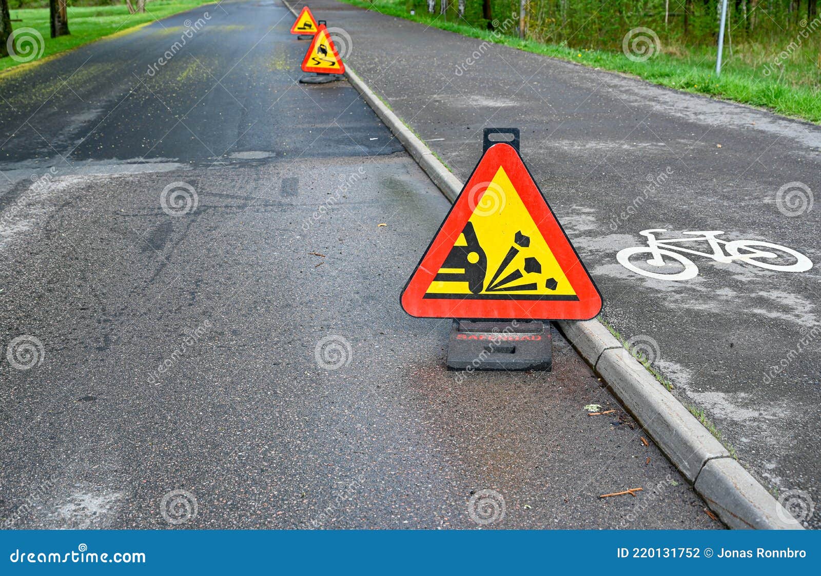 Warning Signs on Road and Cycle Path Stock Photo - Image of perspective ...