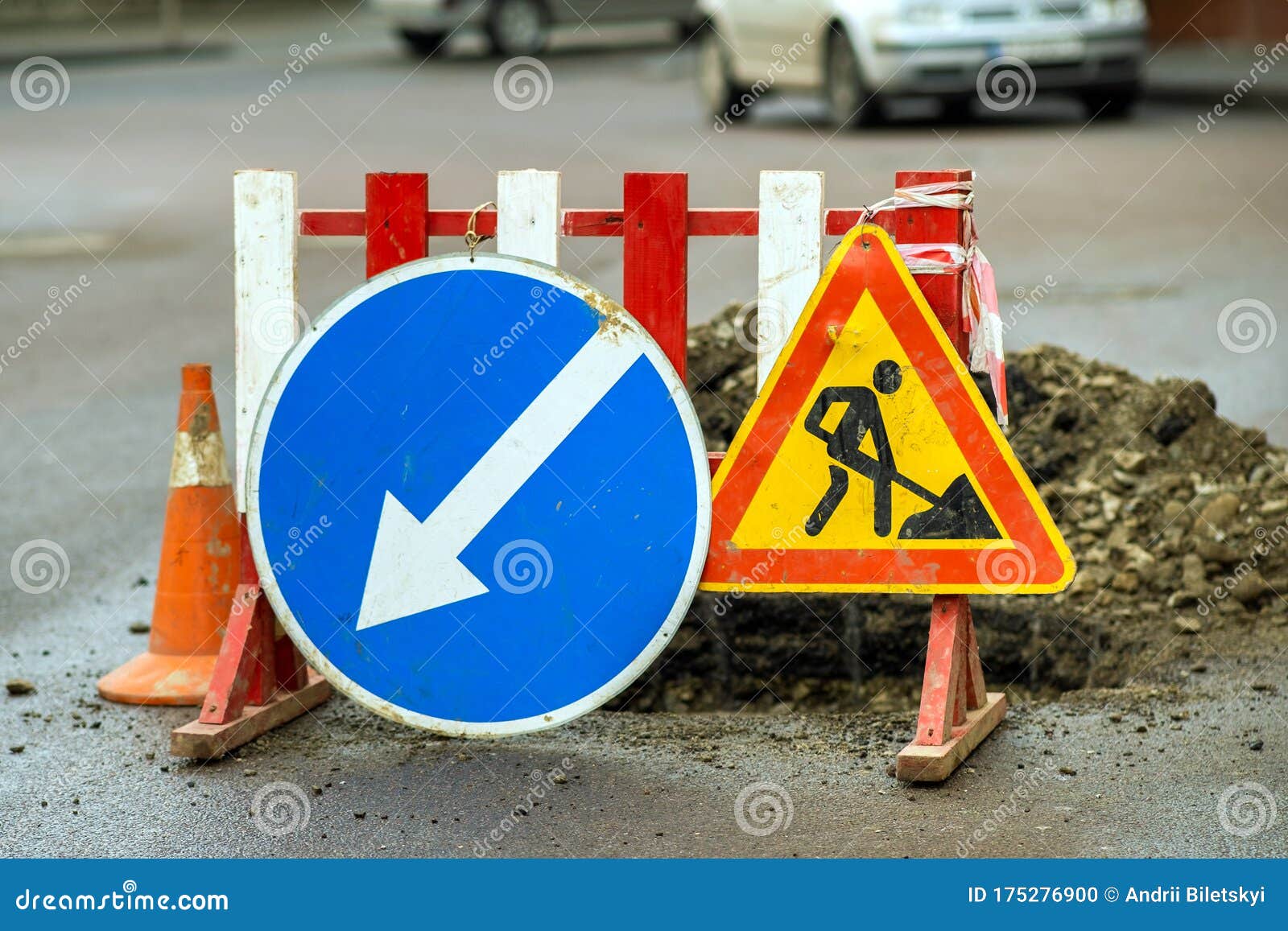 Warning Street Sign on Road Work Site Stock Photo - Image of roadwork ...