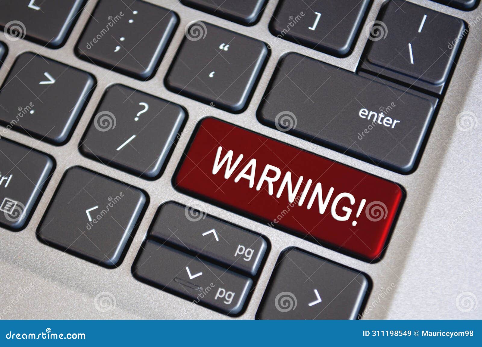 Warning Text on Dark Red Laptop Keyboard. Security and Warning Concept ...