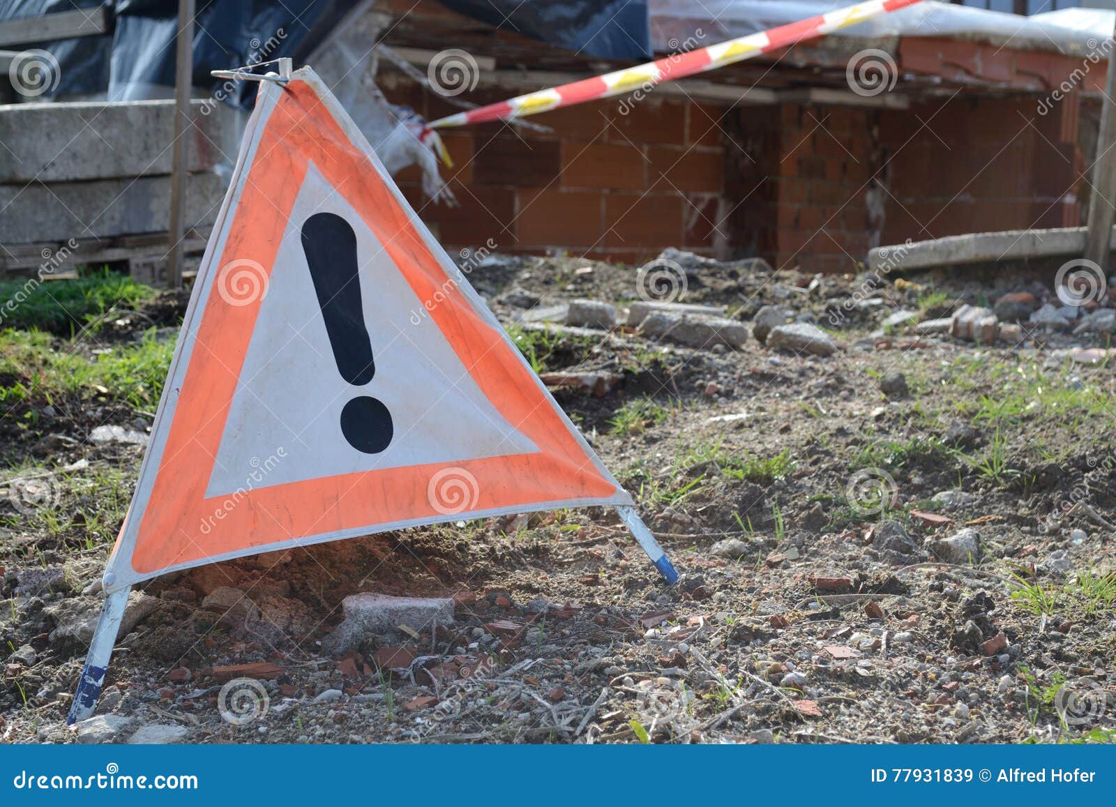 Warning Triangle in Front of Construction Site Stock Image - Image of ...