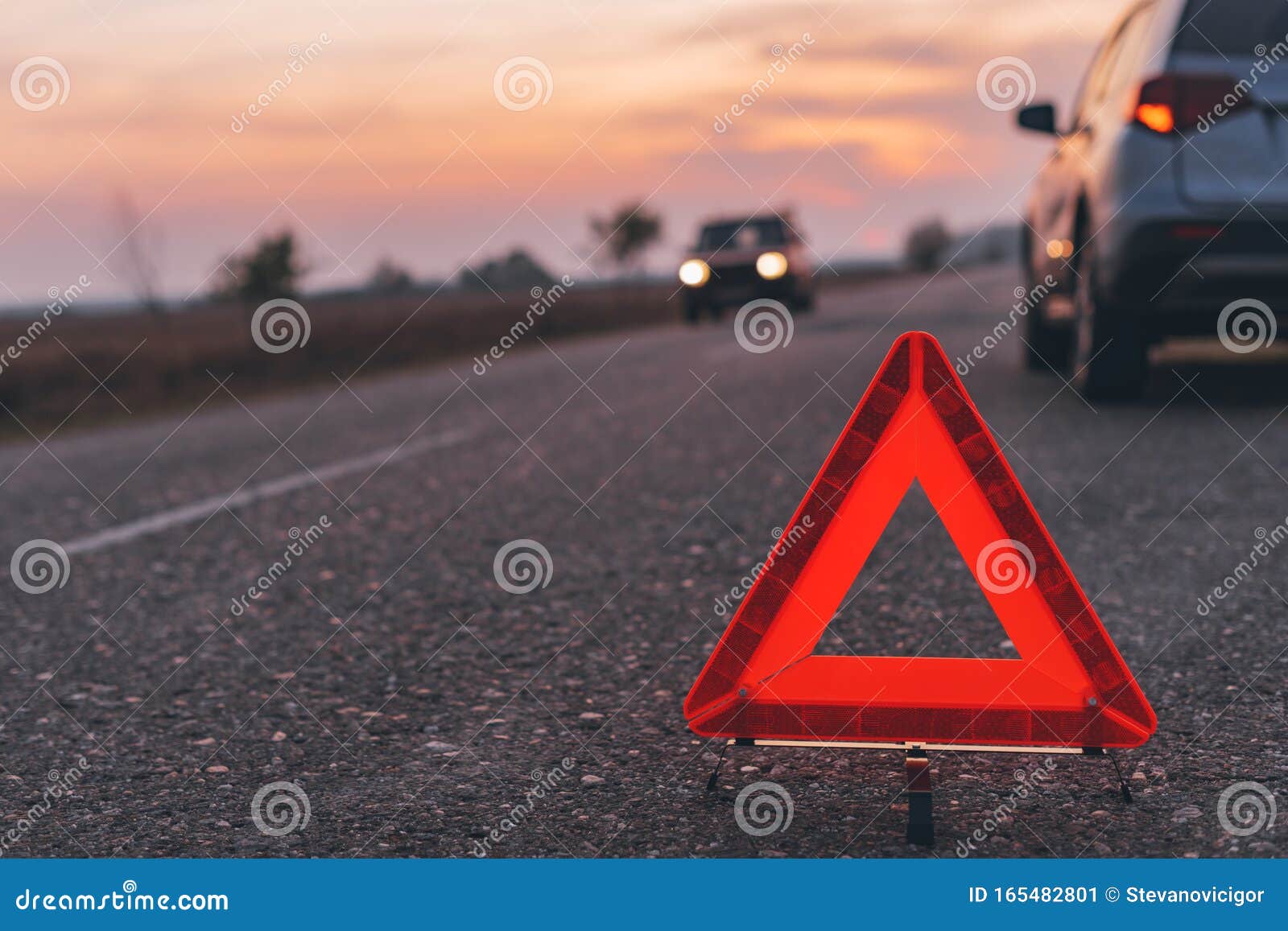 Warning Triangle Sign on the Road in Sunset Stock Image - Image of ...