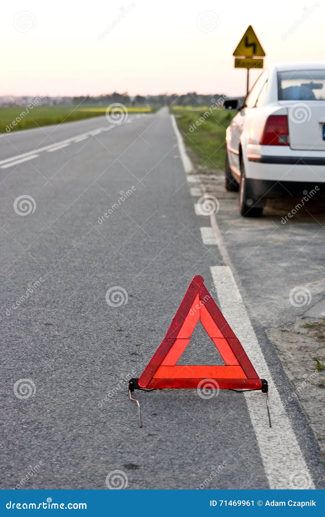 Warning Triangle on Straight Road Stock Image - Image of hazard, broken ...